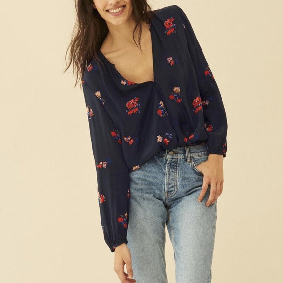 ba&sh | Tops | Bash Carly Blouse Top Wrap Dark Blue Floral Printed Flowy Bohemian S New | Poshmark